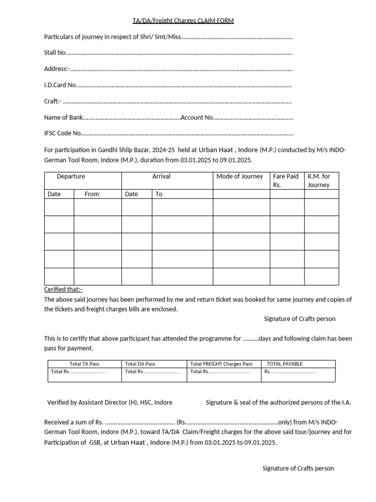 TA/DA Claim Form for Gandhi Shilp Bazar | PDF