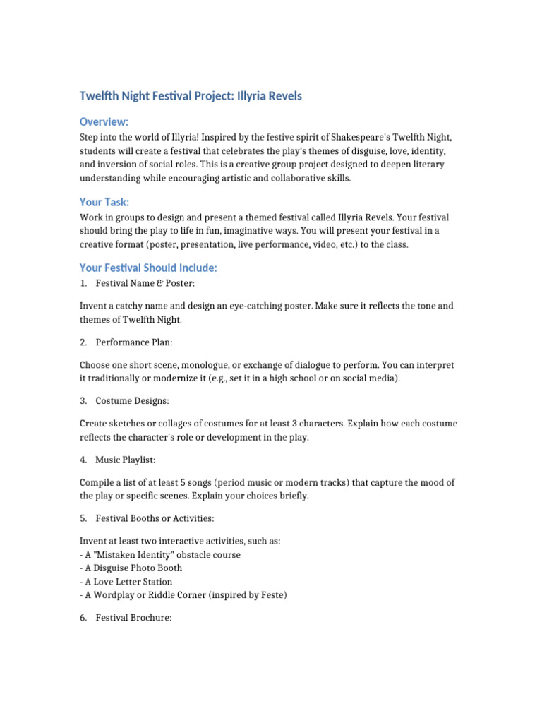 Twelfth Night Festival Project | PDF | Word | Learning