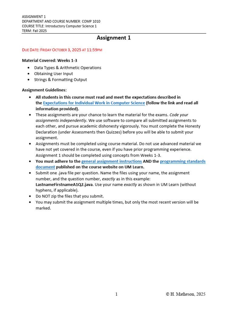 Assignment1 COMP1010 Fall2025 | PDF | Computer Programming | Computer Science