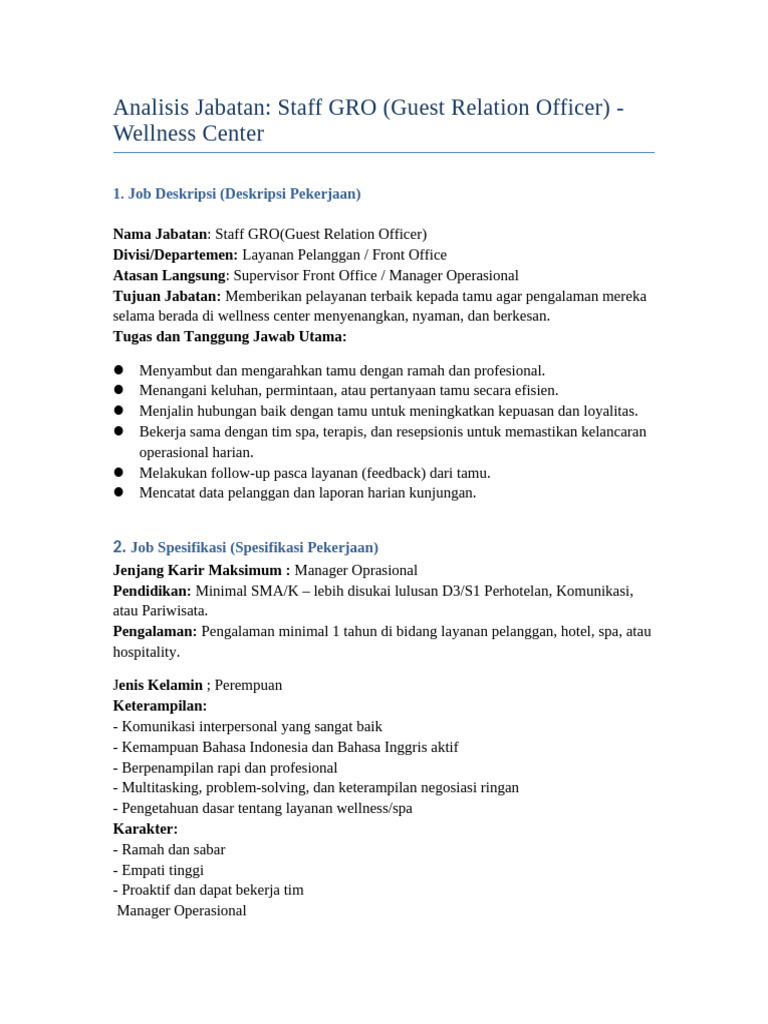 Deskripsi Jabatan Staff GRO Wellness Center | PDF