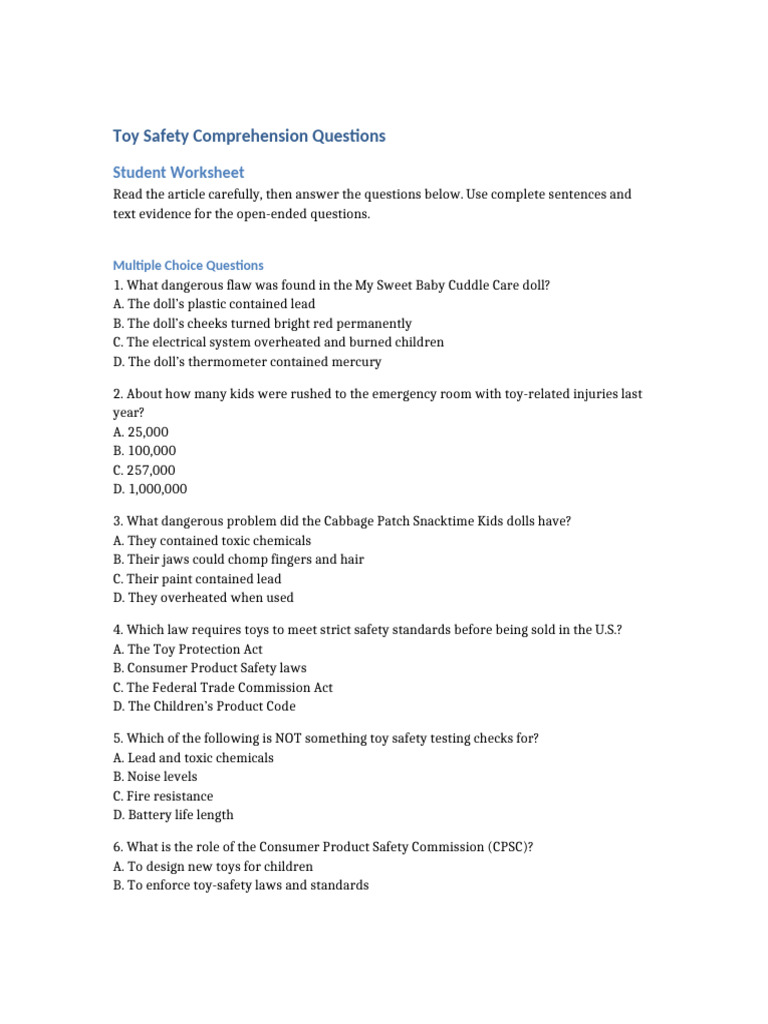 Toy Safety Comprehension Worksheet | PDF