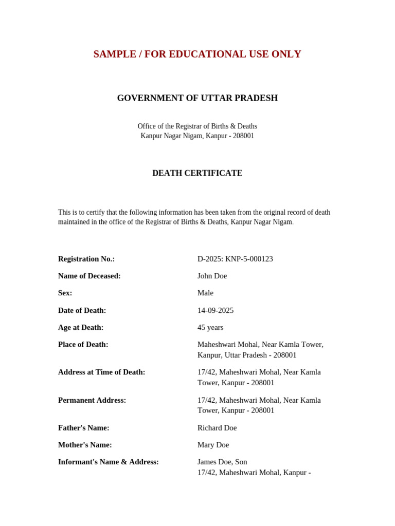 John Doe Death Certificate Kanpur SAMPLE | PDF