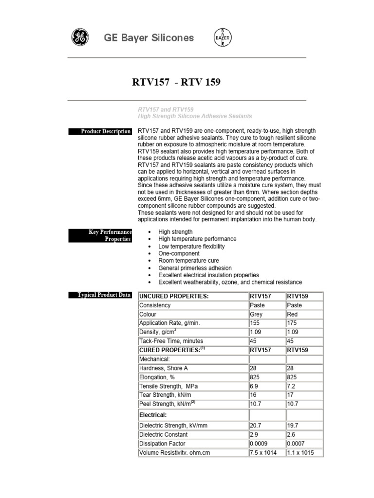 RTV157 - Silicon Adhesive - GE Bayer Silicones | PDF | Adhesive | Silicone
