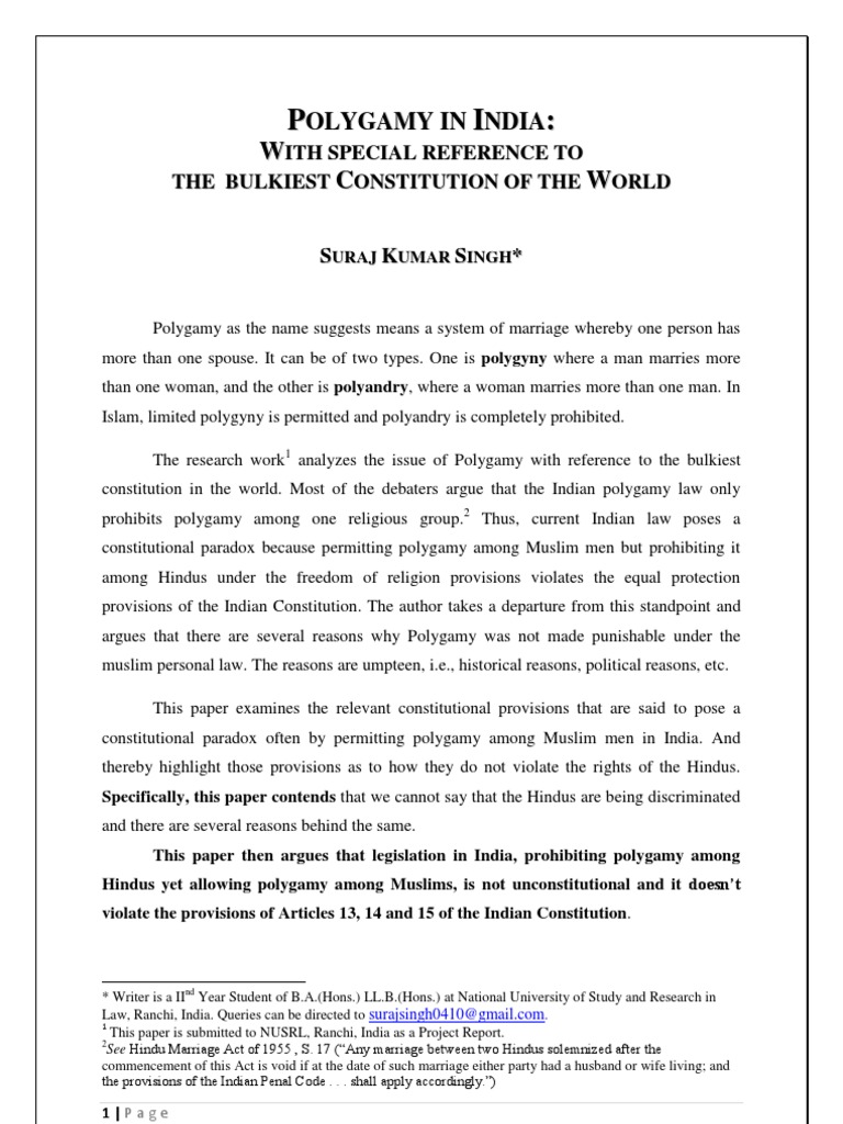 Polygamy in India: With Special Reference To The Bulkiest Constitution ...