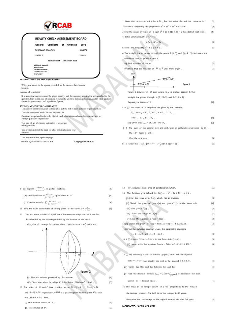 Revision Test Paper 1 3 October 2025 | PDF | Equations | Cartesian ...