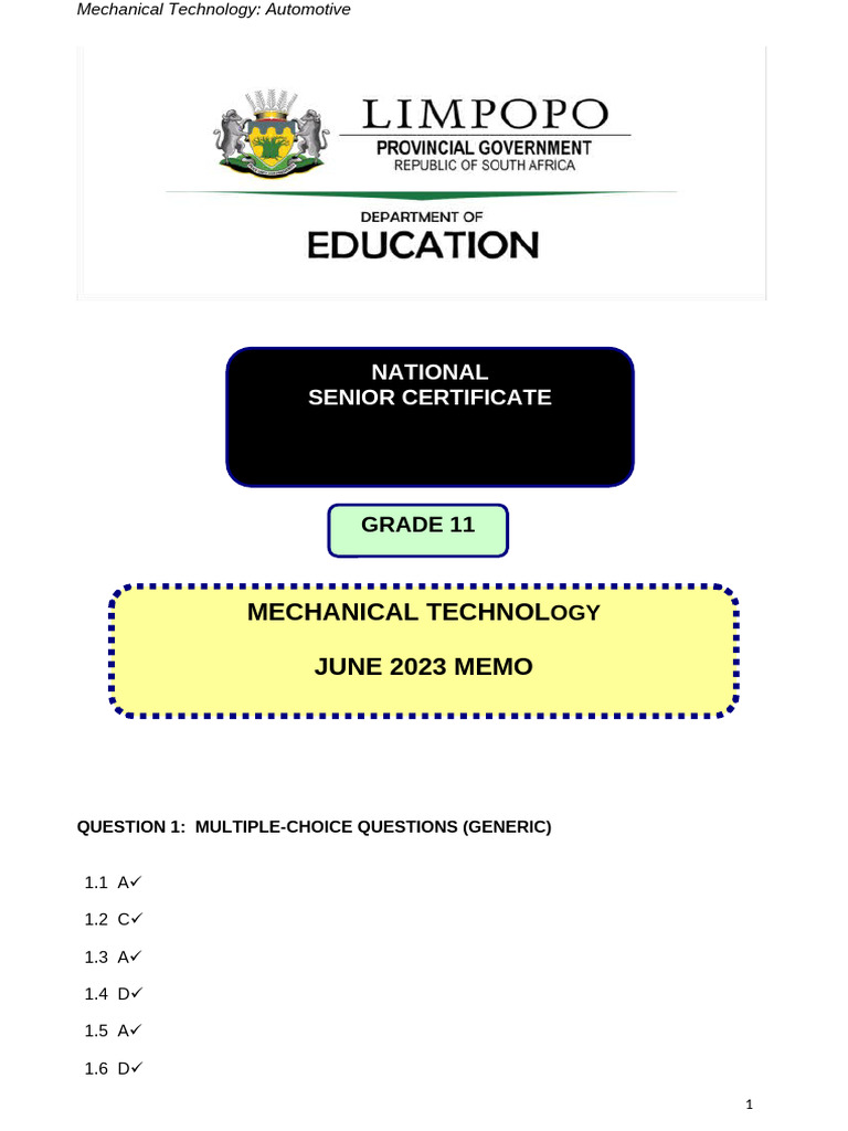 Grade 11 Mechanical Technology Memo | PDF | Brake | Engines