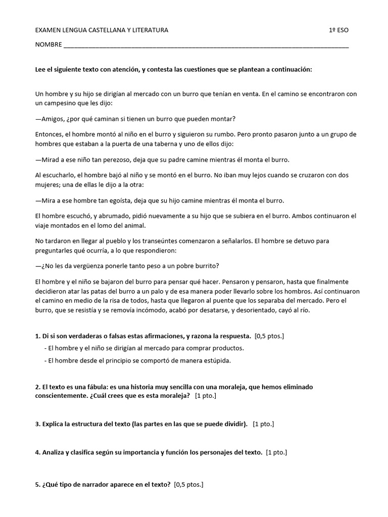 Examen "El Hombre, El Niño y El Burro" | PDF | Gramática | Semántica