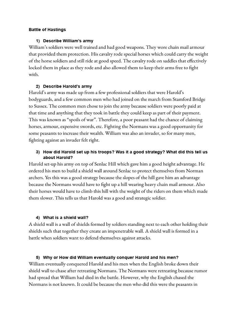 Battle of Hastings Comprehension questions | PDF | Cavalry | Conflicts