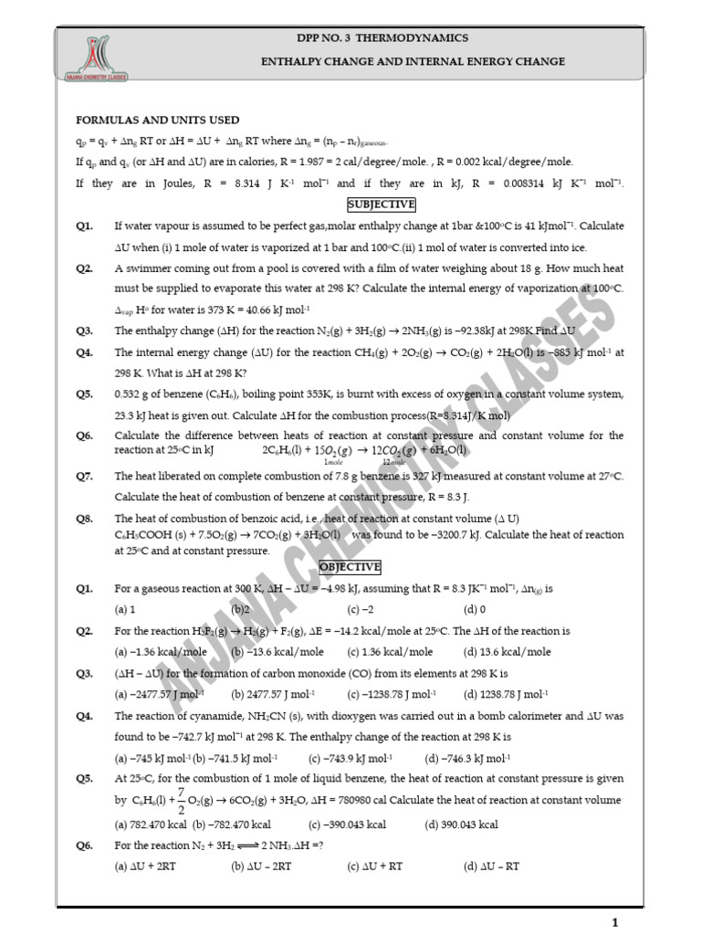 DPP-3 Thermodynamics - 32865858 | PDF | Enthalpy | Combustion
