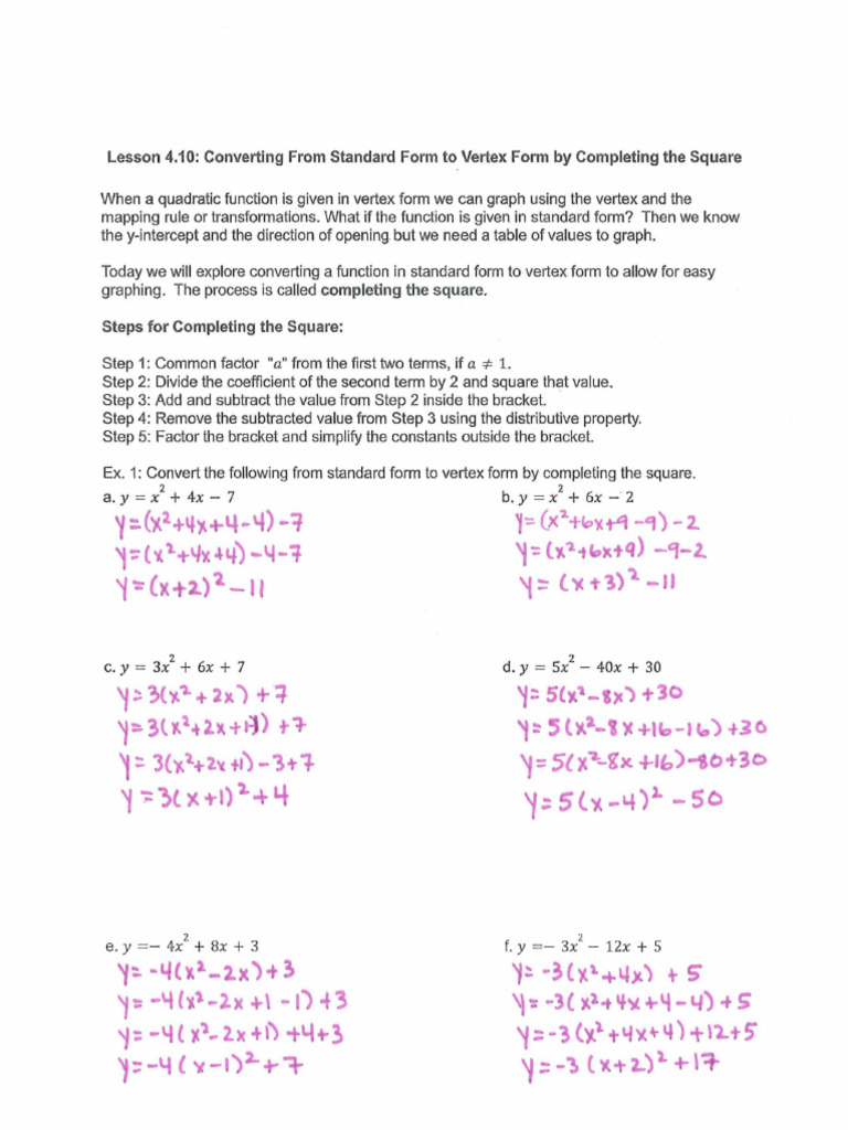 4.10 Completing The Square - Standard Form To Vertex Form | PDF