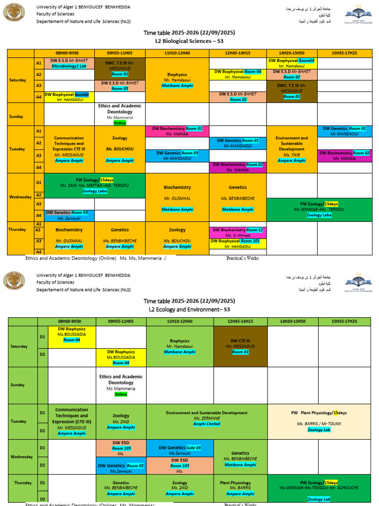 Time Table L2 S3 2025-2026 | PDF | Life Sciences | Biology