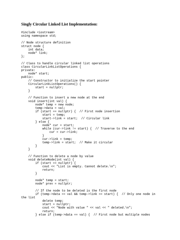 Singly Circular Linked List Implementation | PDF | Pointer (Computer Programming) | Computing