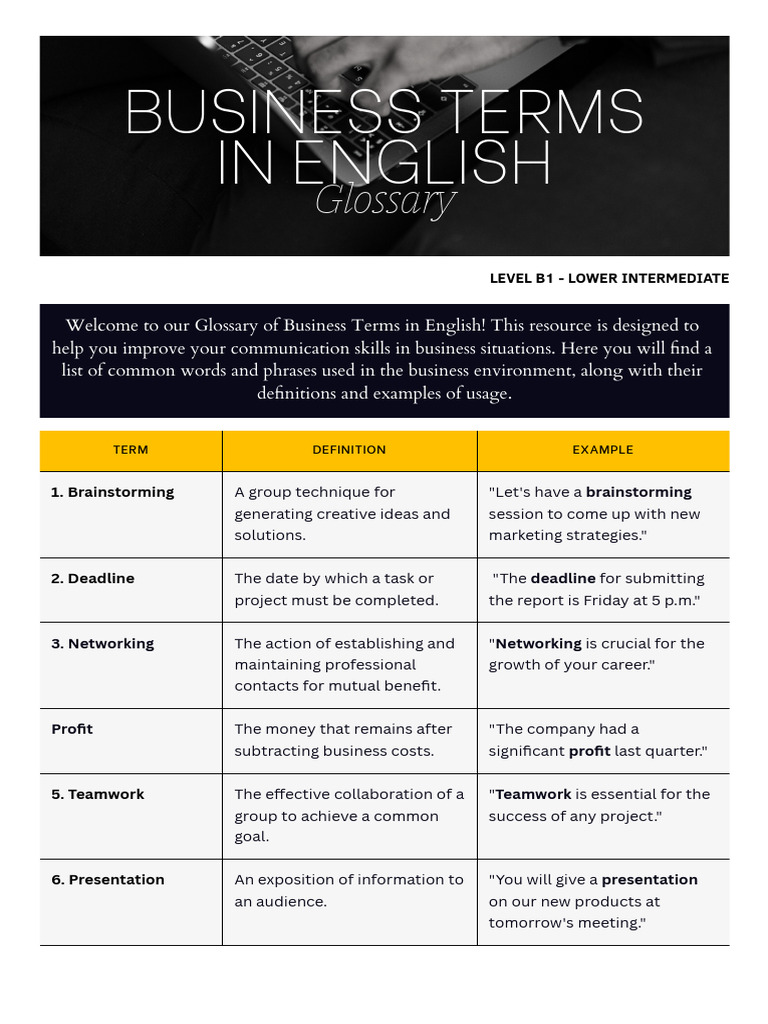 Business Terms Glossary for B1 Learners | PDF | English Language ...