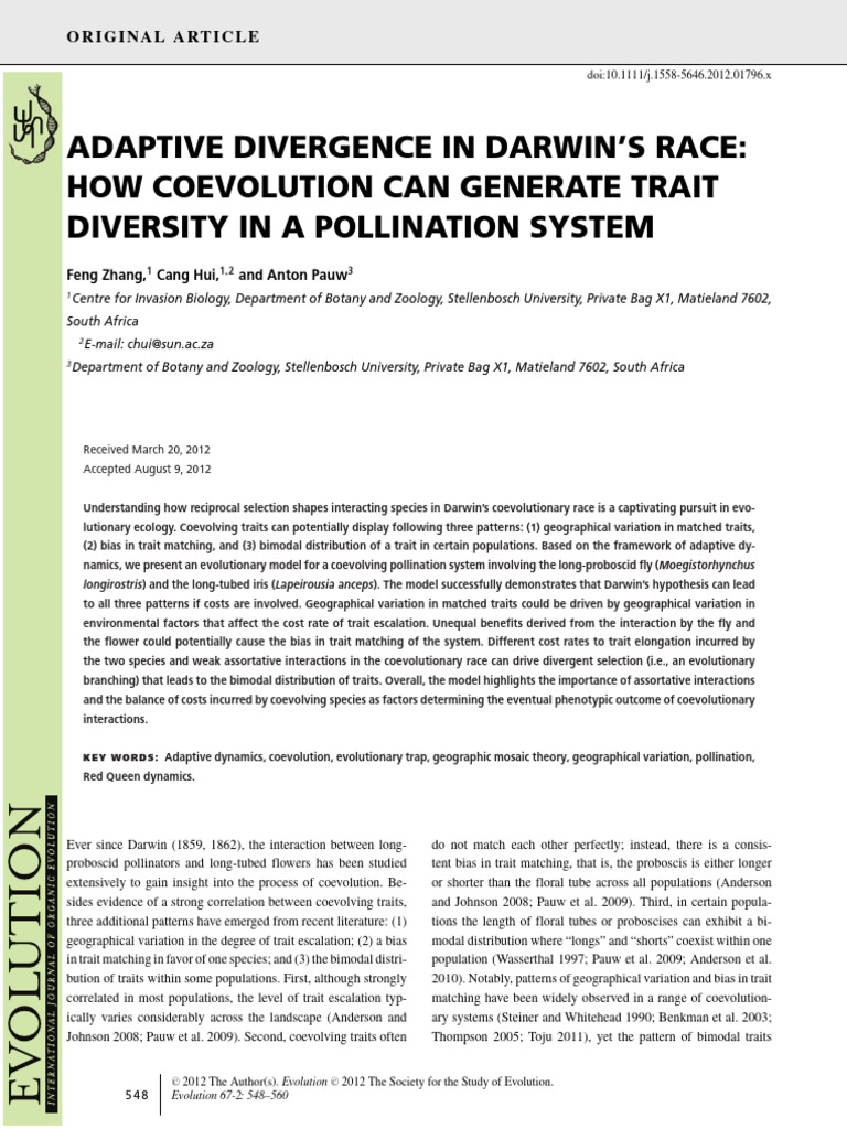 Evolution - 2012 - Zhang - Adaptive Divergence in Darwin S Race How ...