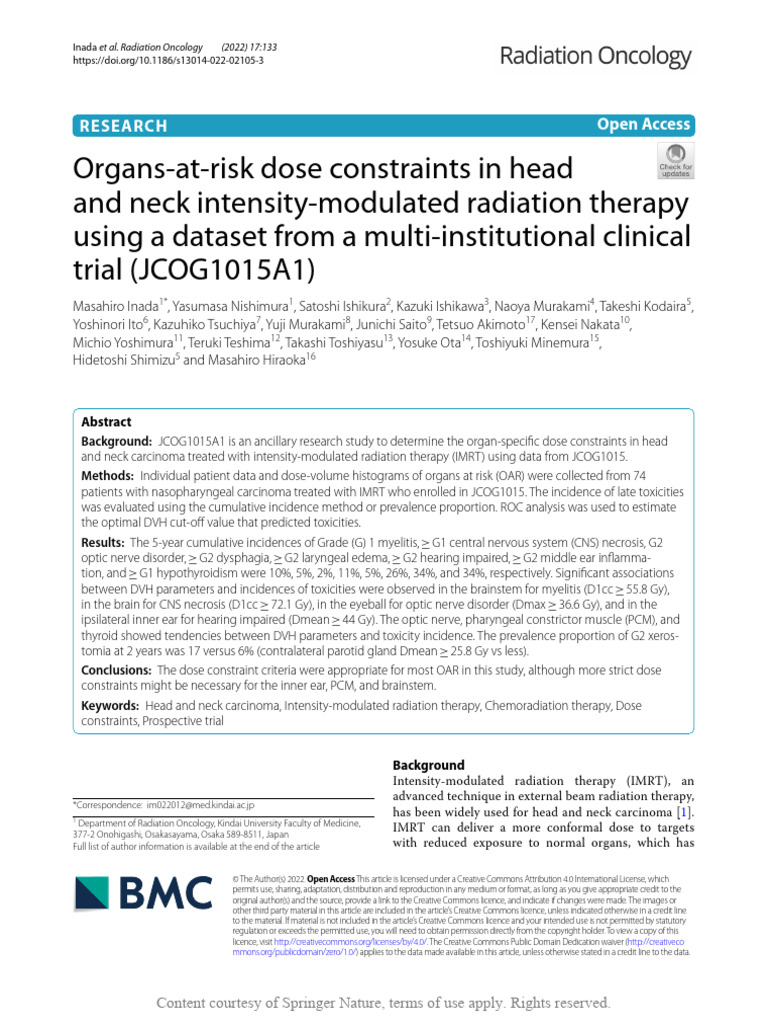 Organs-At-risk Dose Constraints in Head and Neck i | PDF | Radiation ...