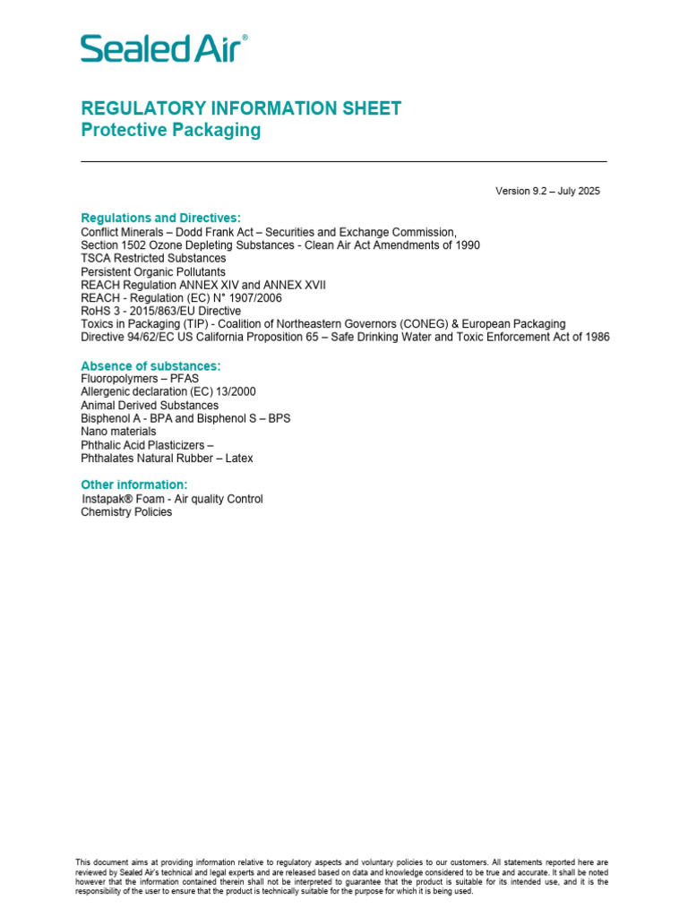 REGULATORY INFORMATION SHEET PROTECTIVE PACKAGING July 2025 | PDF