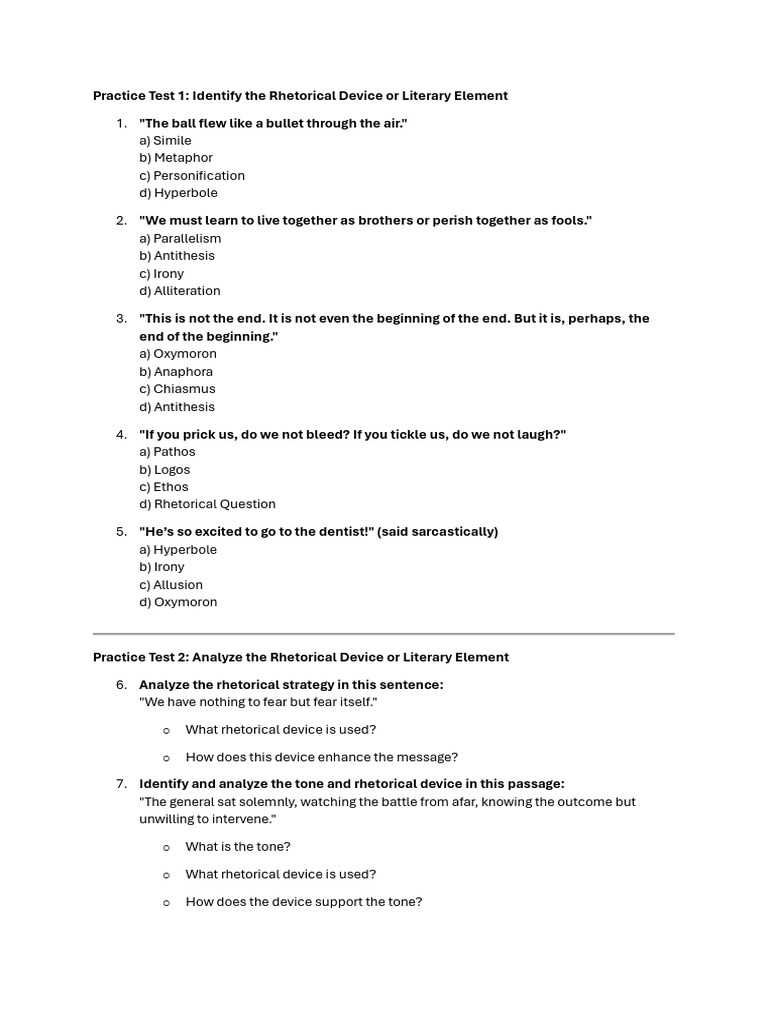 Rhetorical Devices Practice Test | PDF | Philology | Language Arts ...