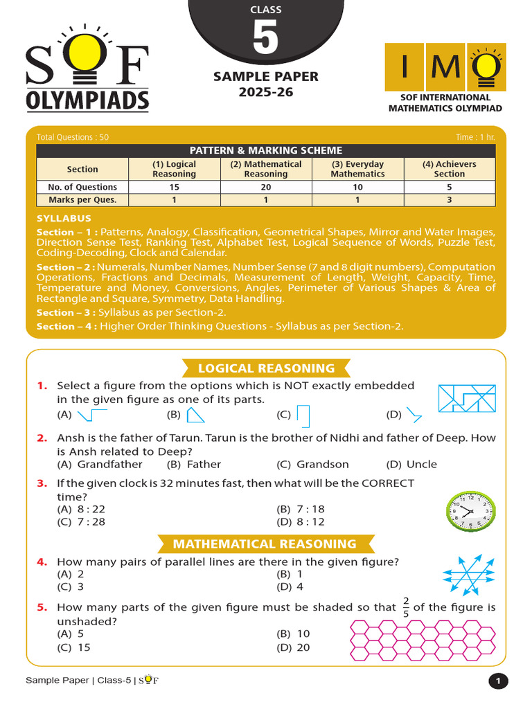 Imo Sample Paper Class-5 | PDF | Mathematics | Algebra