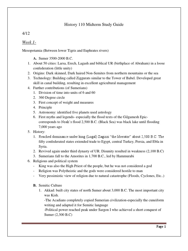 History 110 Midterm Study Guide | PDF | Babylon | Sumer