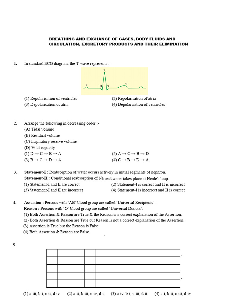 Breathing and Exchange of Gases, Body Fluids and Circulation, Excretory ...