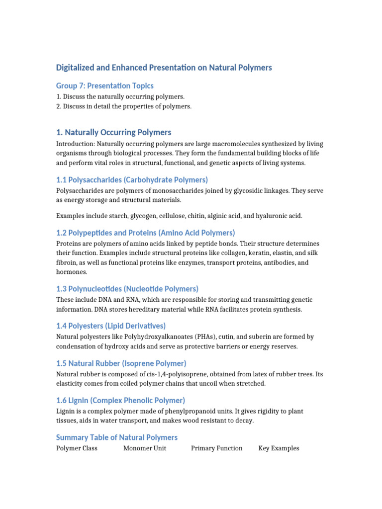 Natural Polymers Presentation Group7 | PDF | Polymers | Biopolymer