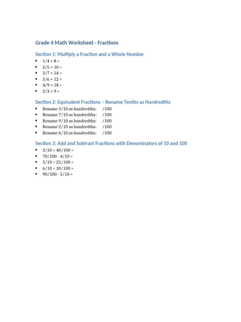 Grade 4 Fractions Math Worksheet | PDF