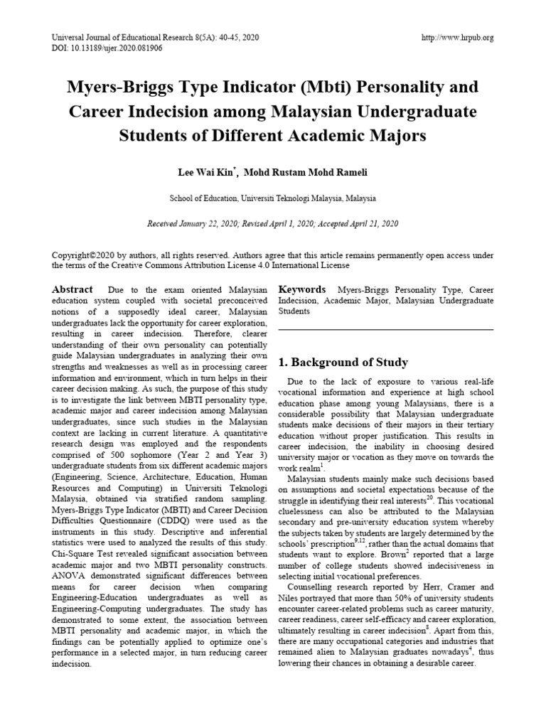 Myers-Briggs Type Indicator Mbti Personality and C | PDF | Chi Squared ...