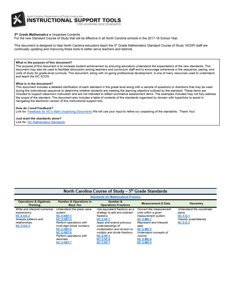 NC 5th Grade Math Unpacking Rev June 2025 | PDF | Mathematics | Numbers