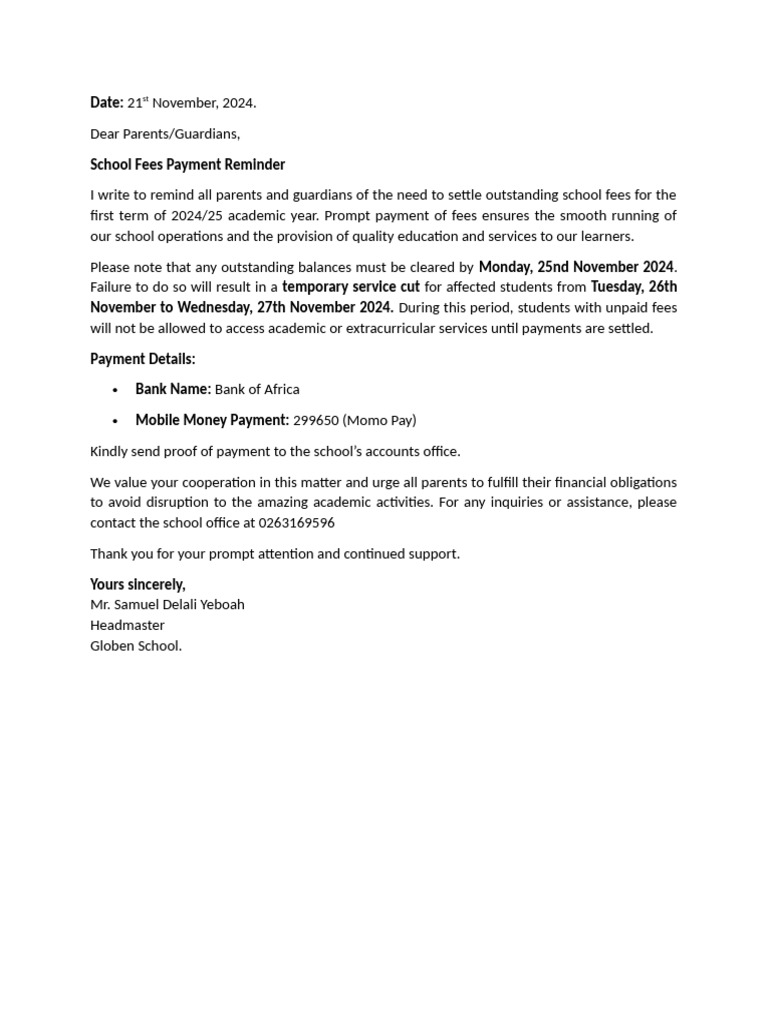 School Fees Payment Reminder 2024 | PDF