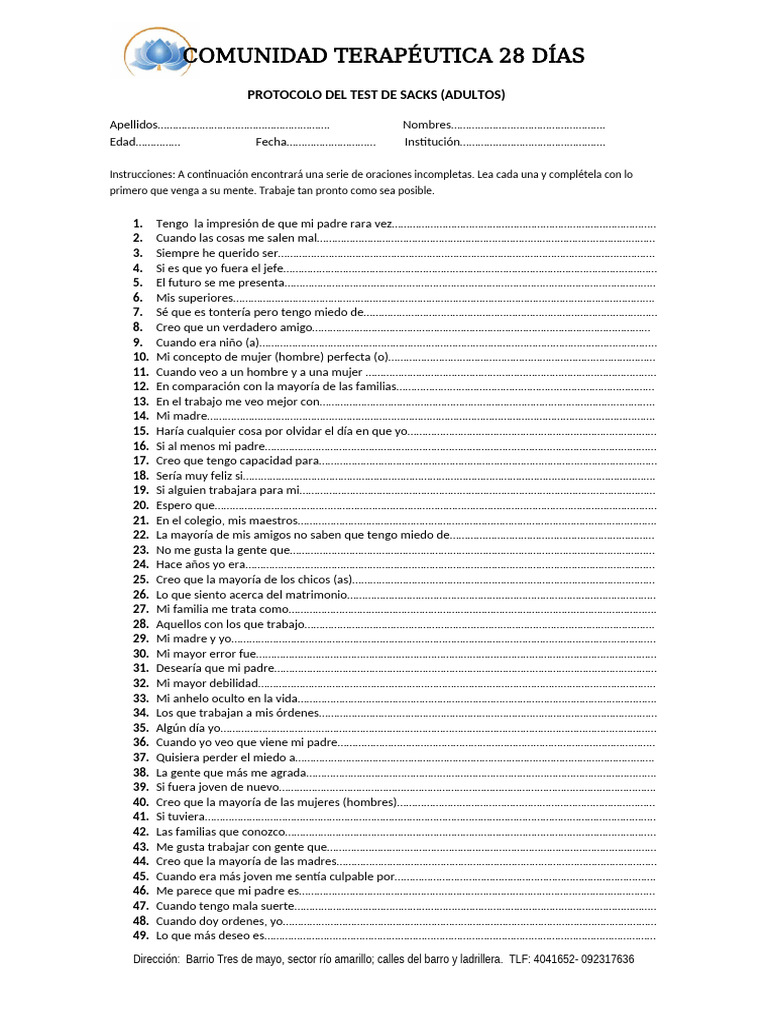 Test de Sacks para Adultos en Terapia | PDF