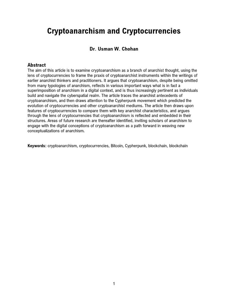 Cryptoanarchism and Cryptocurrencies: Dr. Usman W. Chohan | PDF ...