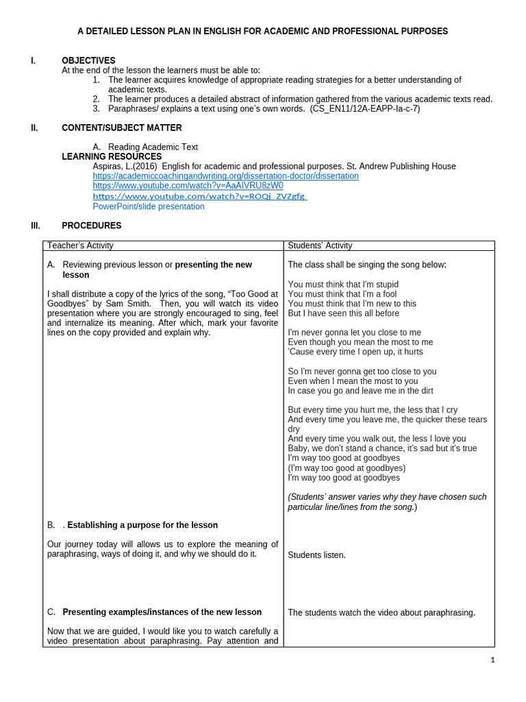 A Detailed Lesson Plan in English For Academic and Professional ...