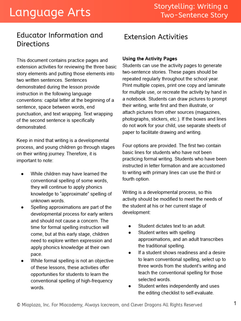 Two-Sentence Story Writing Guide | PDF | Spelling | Writing