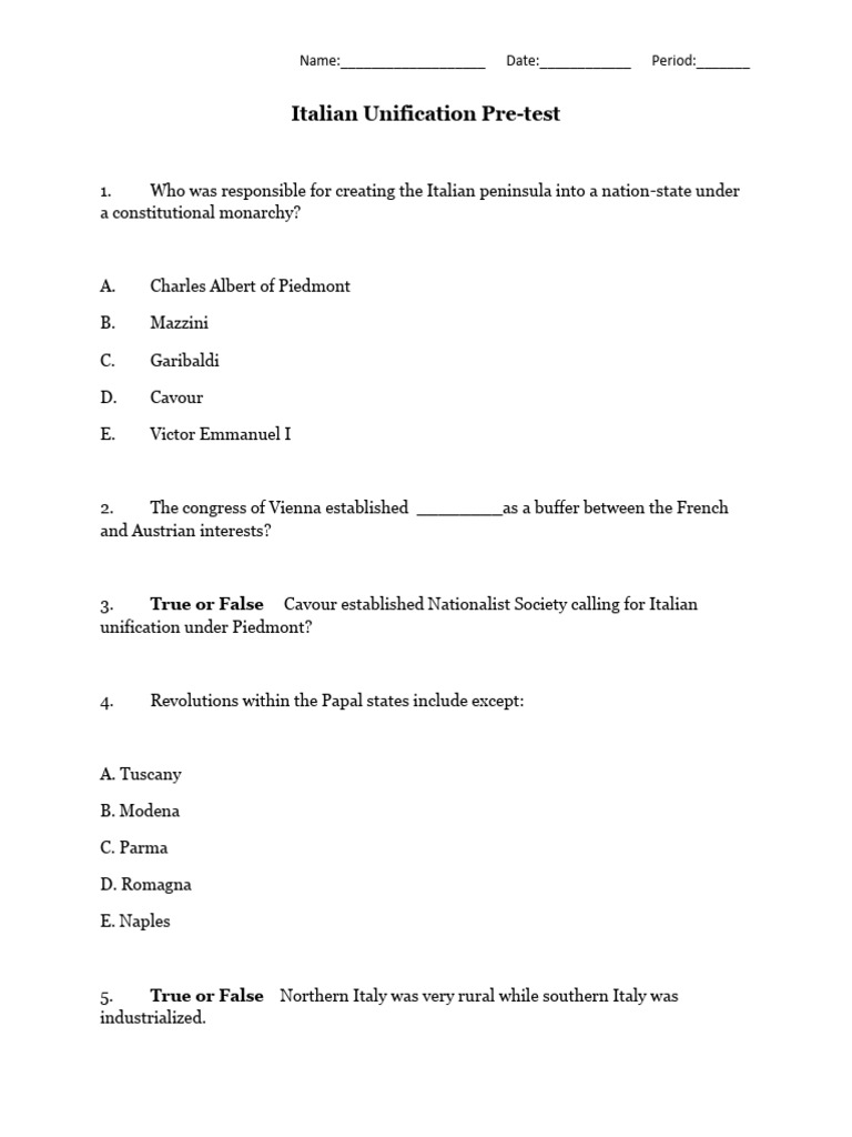 Italian Unification Pre-Test | PDF
