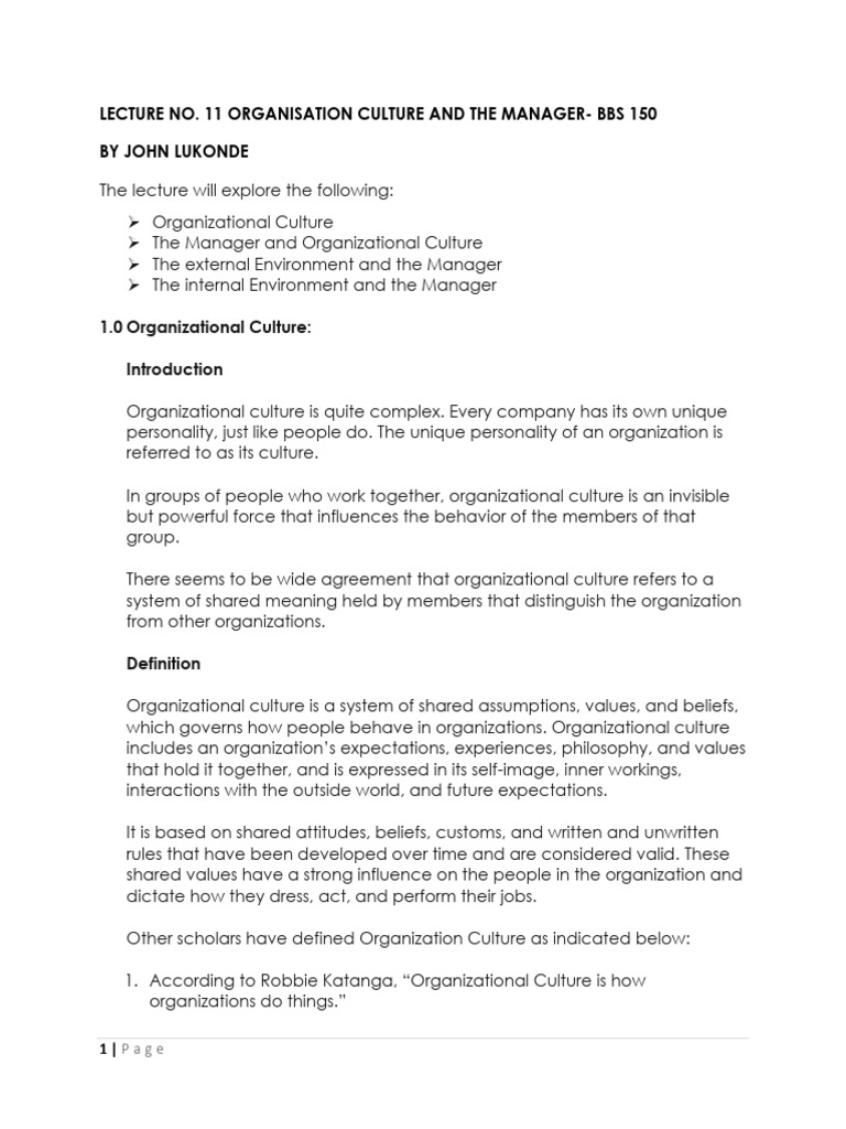 Lecture No 11-Organsation Culture and the Manager (1) (1) - Copy | PDF | Leadership ...