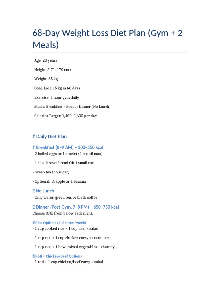 68 Day Diet Plan Gym With Rice Updated | PDF