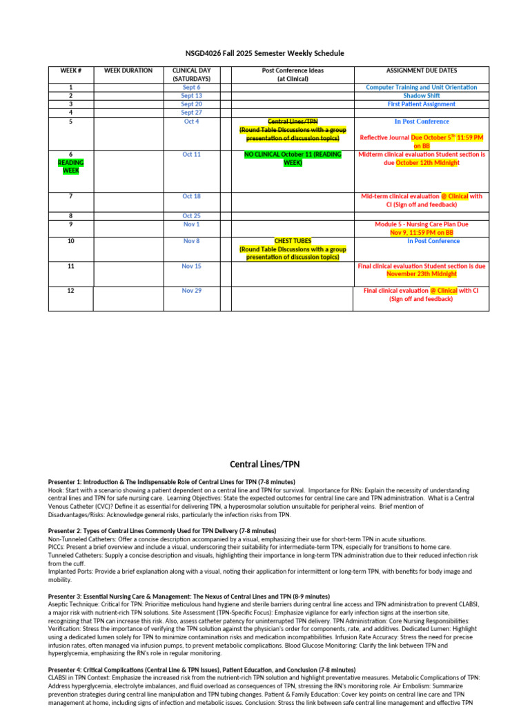 NSGD4026 Fall 2025 Semester Weekly Schedule | PDF | Intravenous Therapy ...