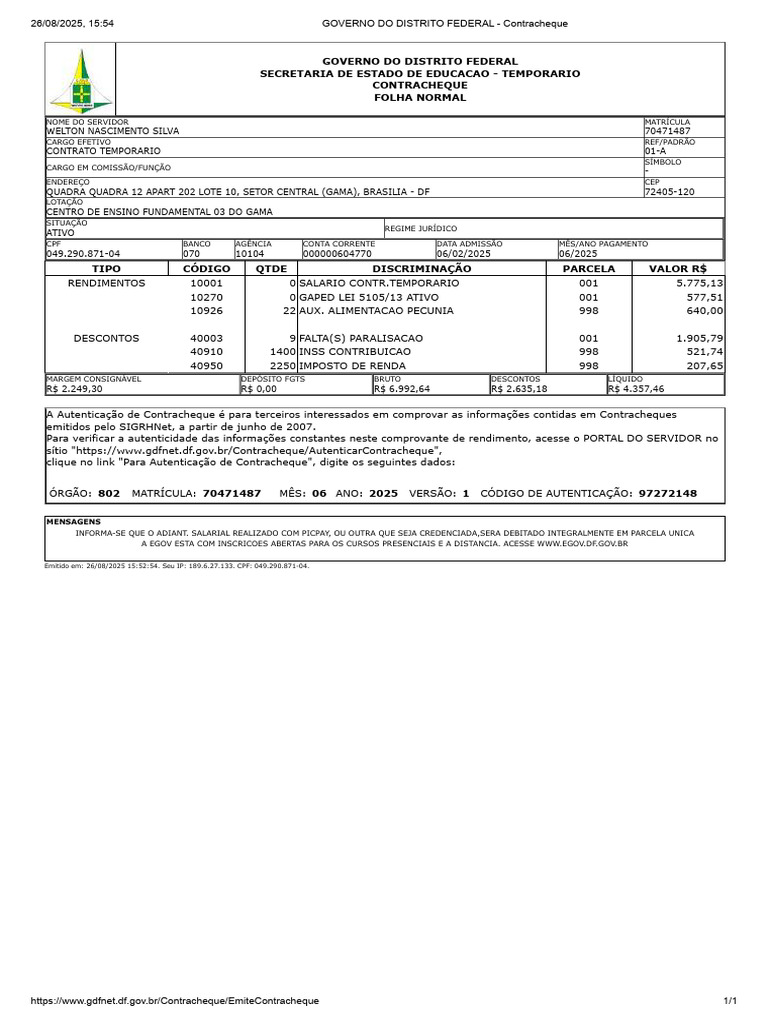 Contracheque Servidor Temporário DF | PDF