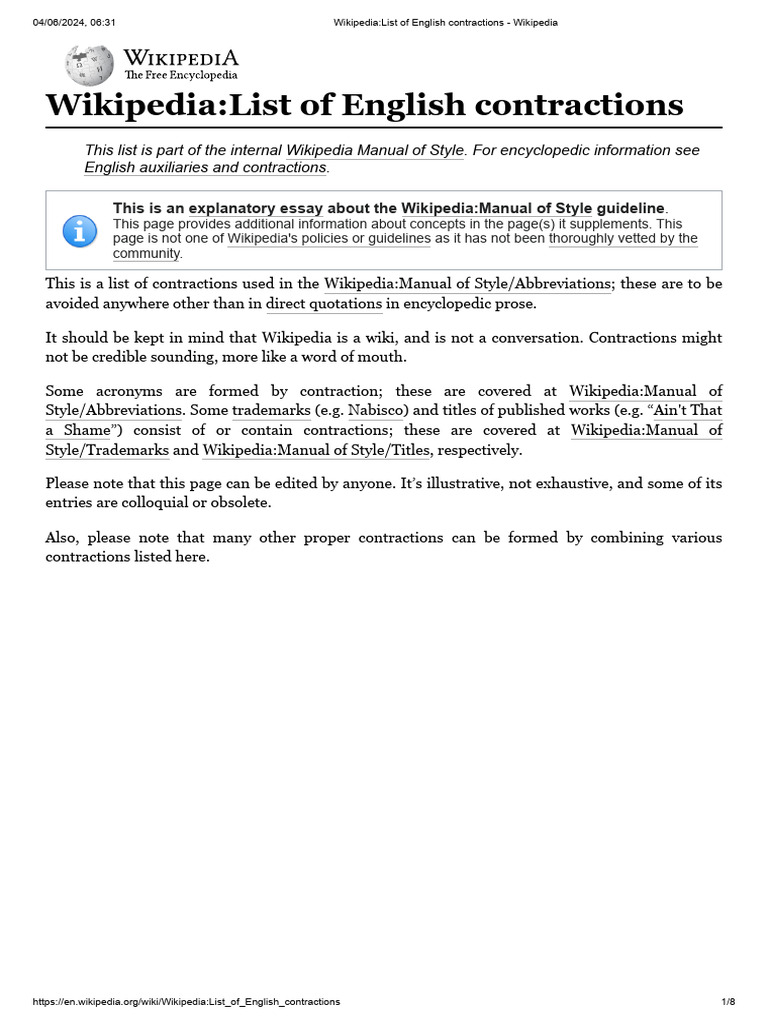 Wikipedia - List of English Contractions - Wikipedia | PDF | Wikipedia ...