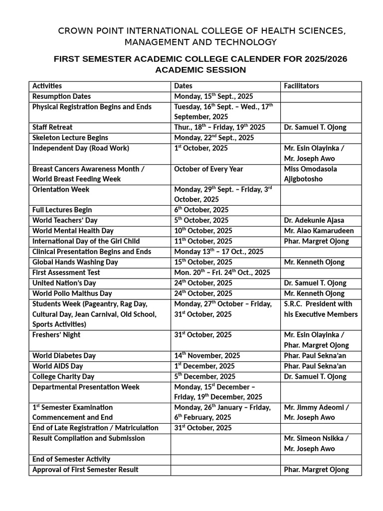 Academic Calender For Crown Point International College of Health ...