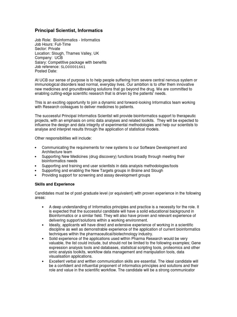 Principal Scientist Informatic Advert | PDF | Bioinformatics | Computer ...