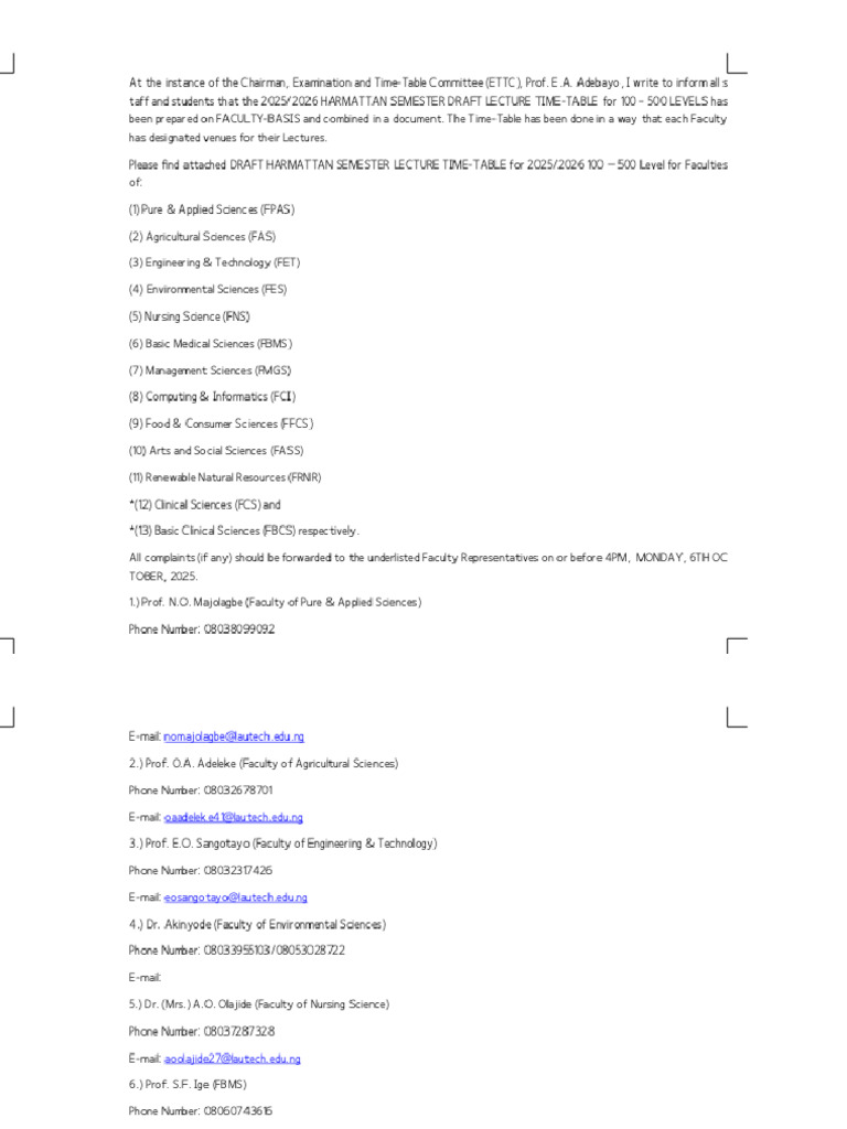 2025-2026 Draft Harmattan Lectures Timetable | PDF