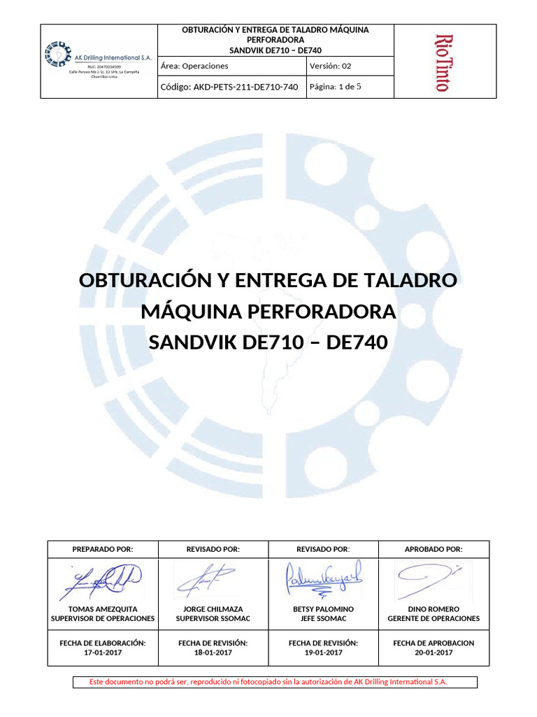 Procedimiento de Entrega Taladro Sandvik DE710-DE740 | PDF | Metalurgia ...