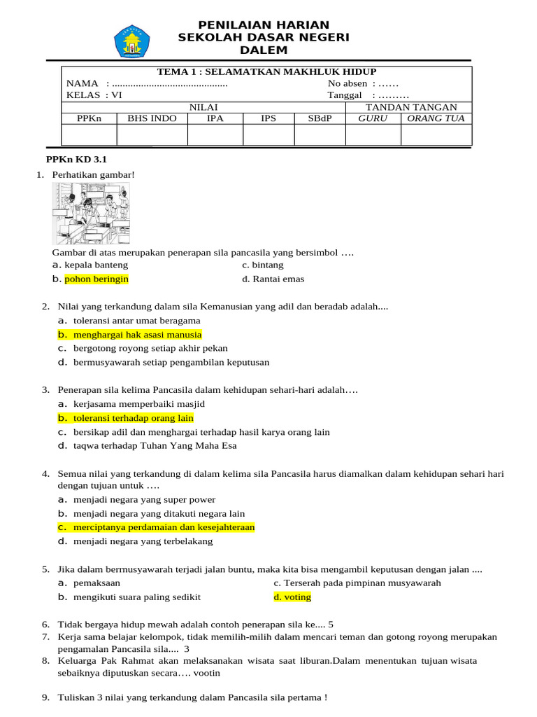 Soal Penilaian Harian Kelas 6 Tema 1 | PDF