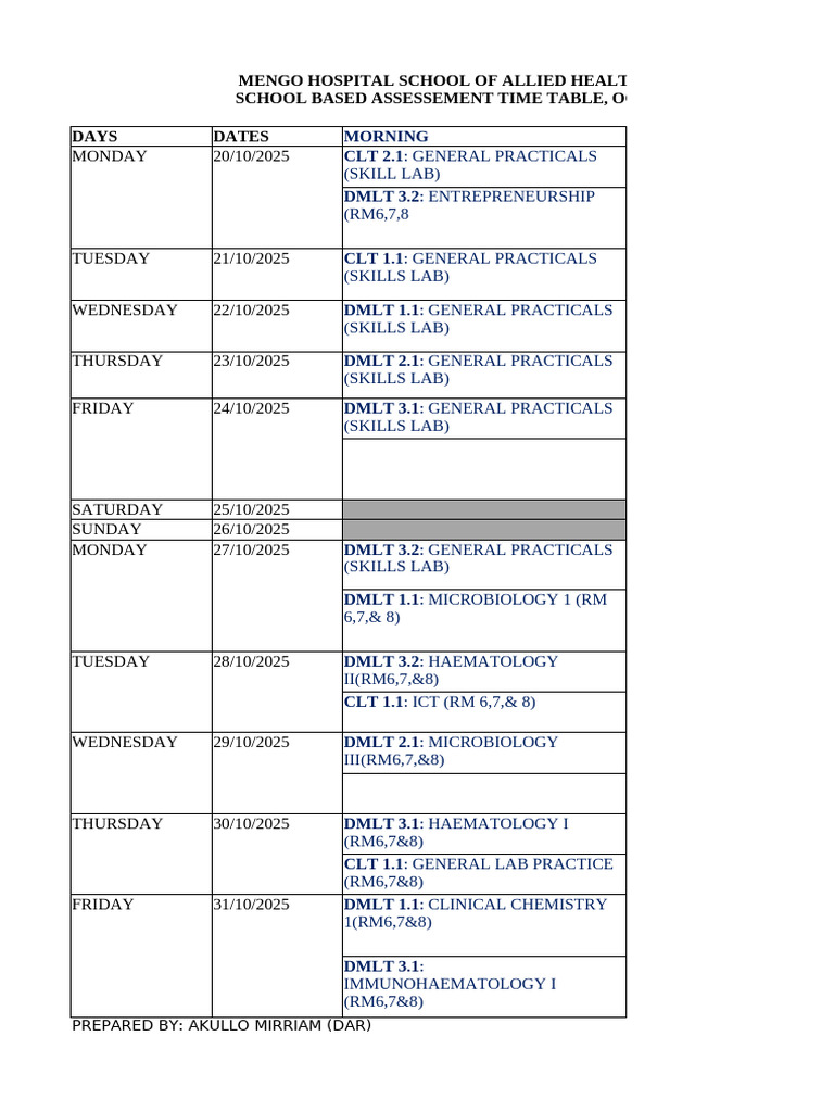SBA Timetable for October 2025 | PDF