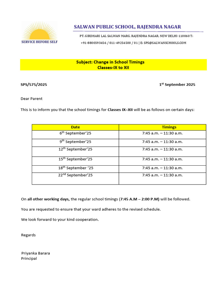 Change in School Timings (IX-XII) | PDF