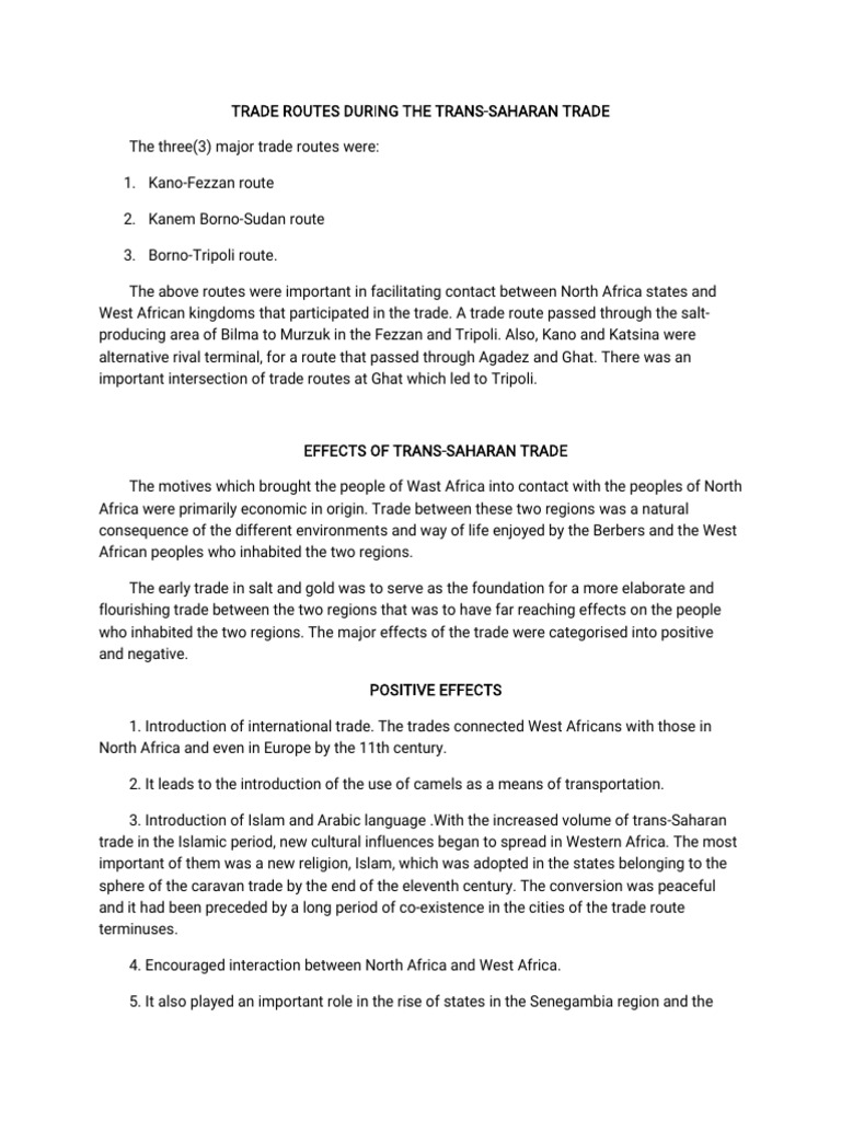Trans-Saharan Trade Routes Overview | PDF | Africa | North Africa