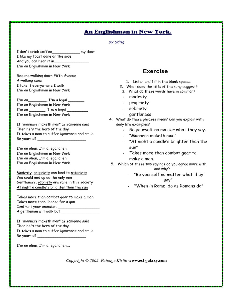 Englishman in New York Lyrics Analysis | PDF