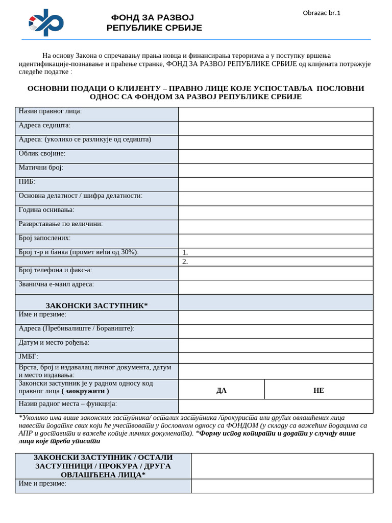 Obrazac 1 Osnovni Podaci O Klijentu Pravna Lica 2025 V | PDF