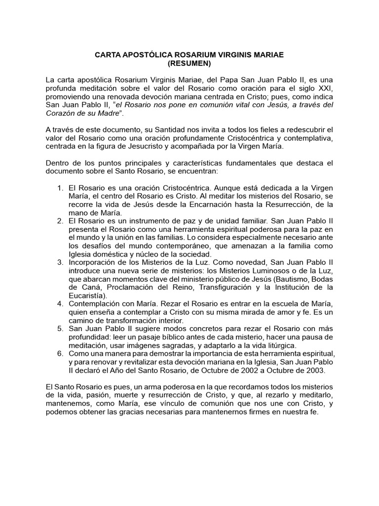 Resumen de Rosarium Virginis Mariae | PDF | Rosario | María, madre de Jesús